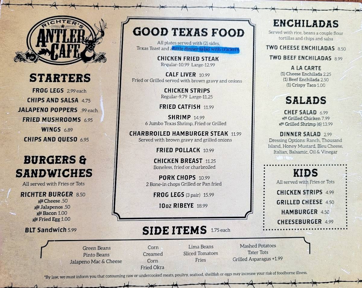 Menu at Richter's Antler Cafe, Spring Branch