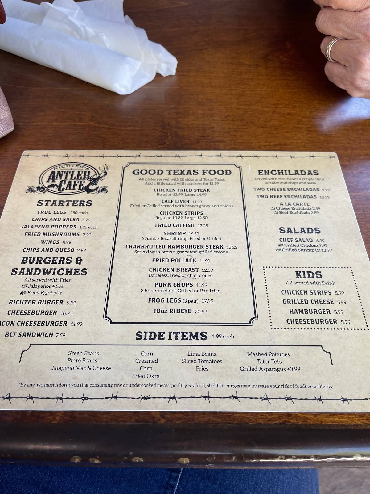 Menu at Richter's Antler Cafe, Spring Branch