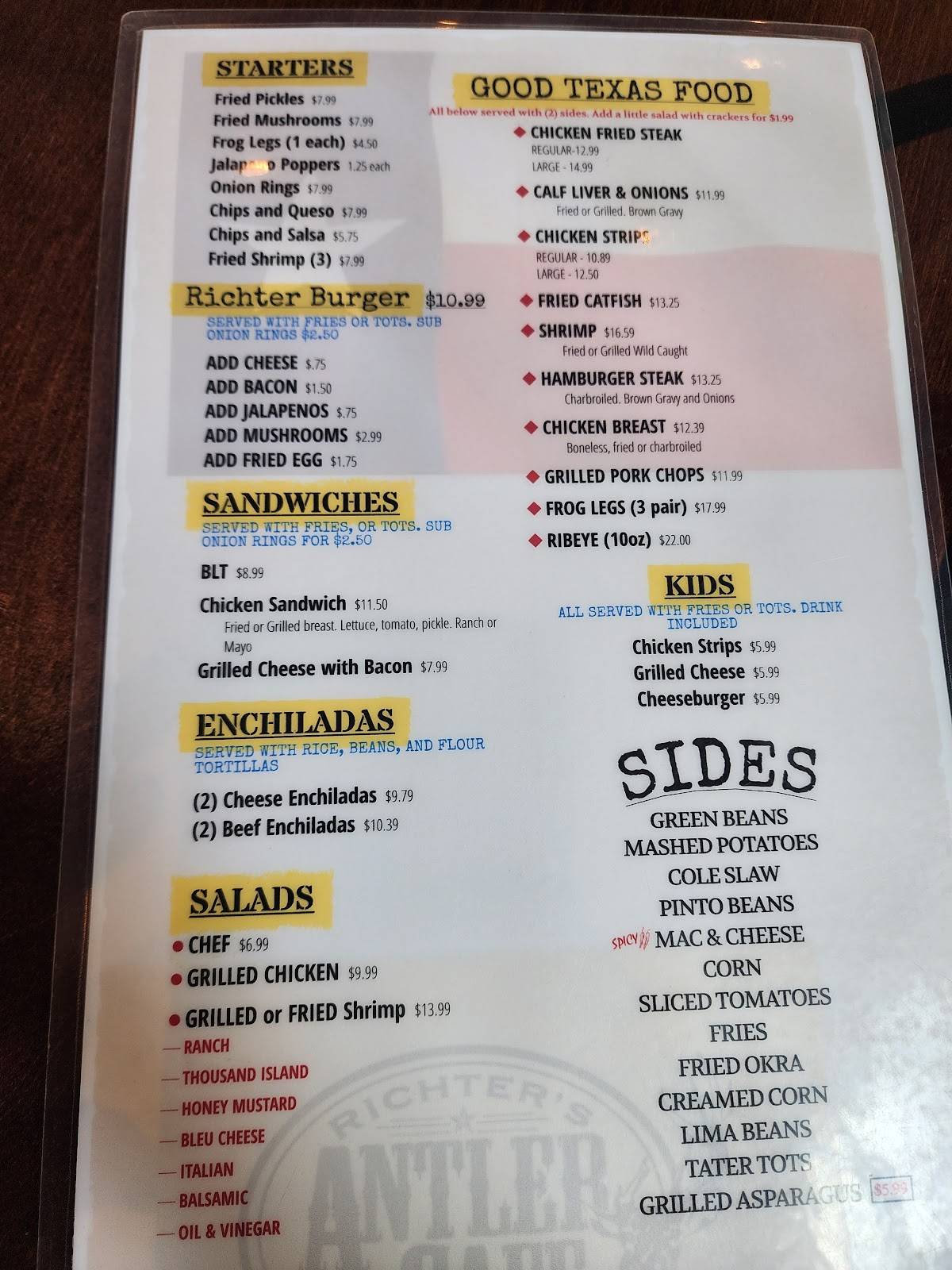Menu at Richter's Antler Cafe, Spring Branch