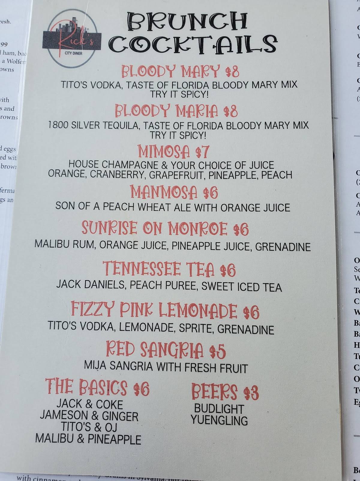 Menu at Rick's City Diner cafe, Toledo, Monroe St #40