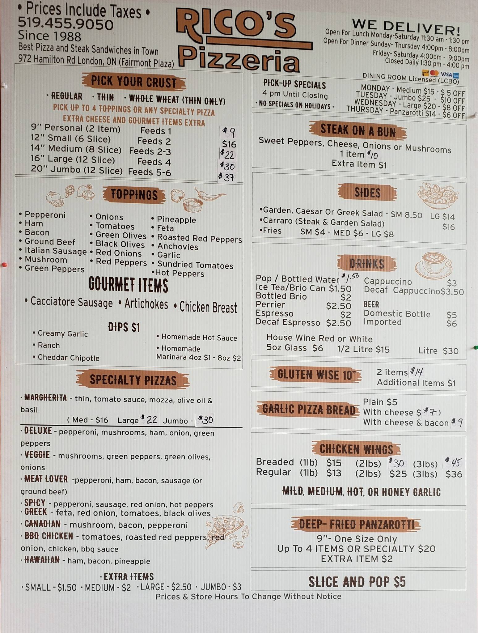 Menu at Rico's Pizzeria, London, 972 Hamilton Rd