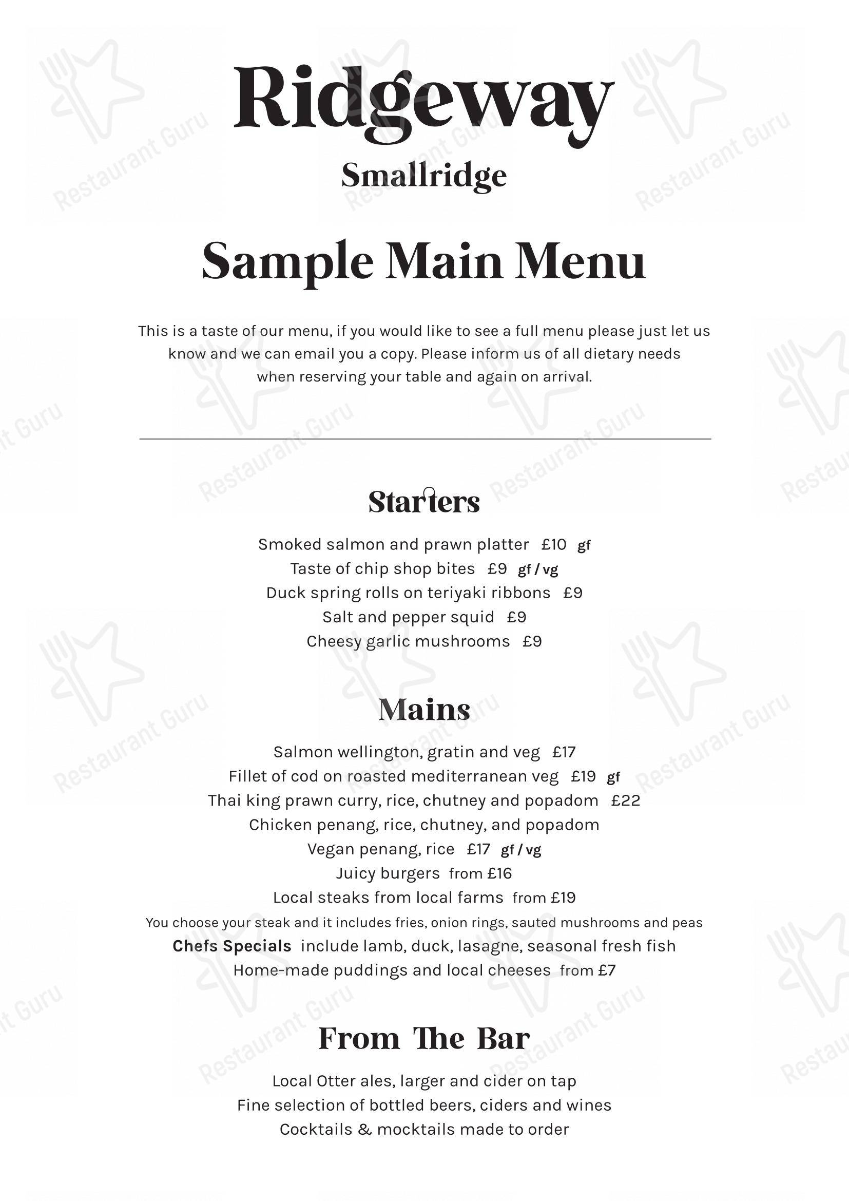 Menu at Ridgeway Restaurant, Axminster