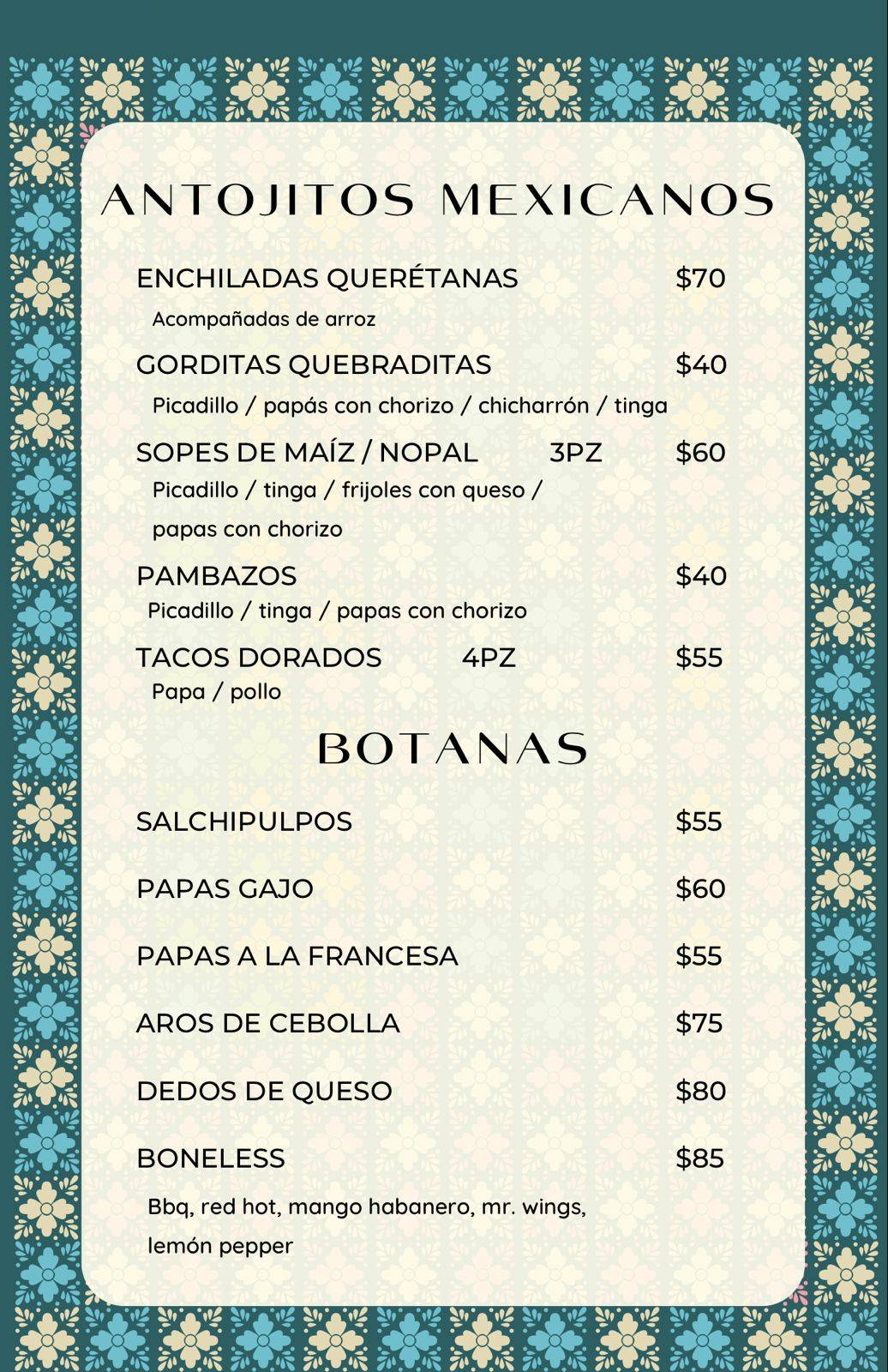 Carta del restaurante Rinconcito Mexicano, Amealco del Bonfil