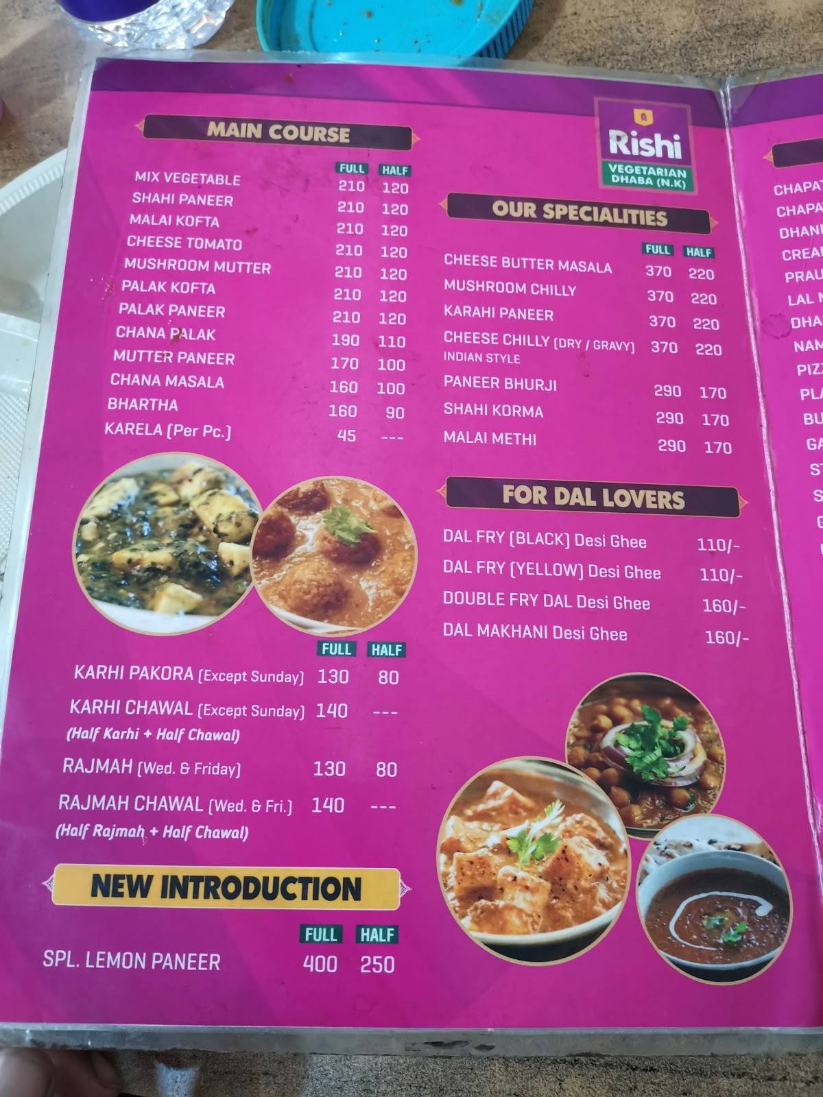 Menu at Rishi vegetarian Dhaba N.K, Ludhiana, Gill Rd