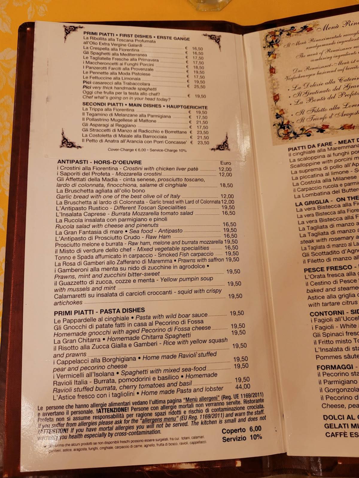 Menu at Ristorante Il Profeta Firenze, Florence