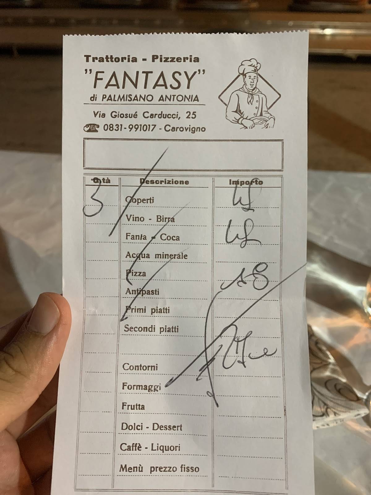 Menu da Fantasy pub & bar, Carovigno