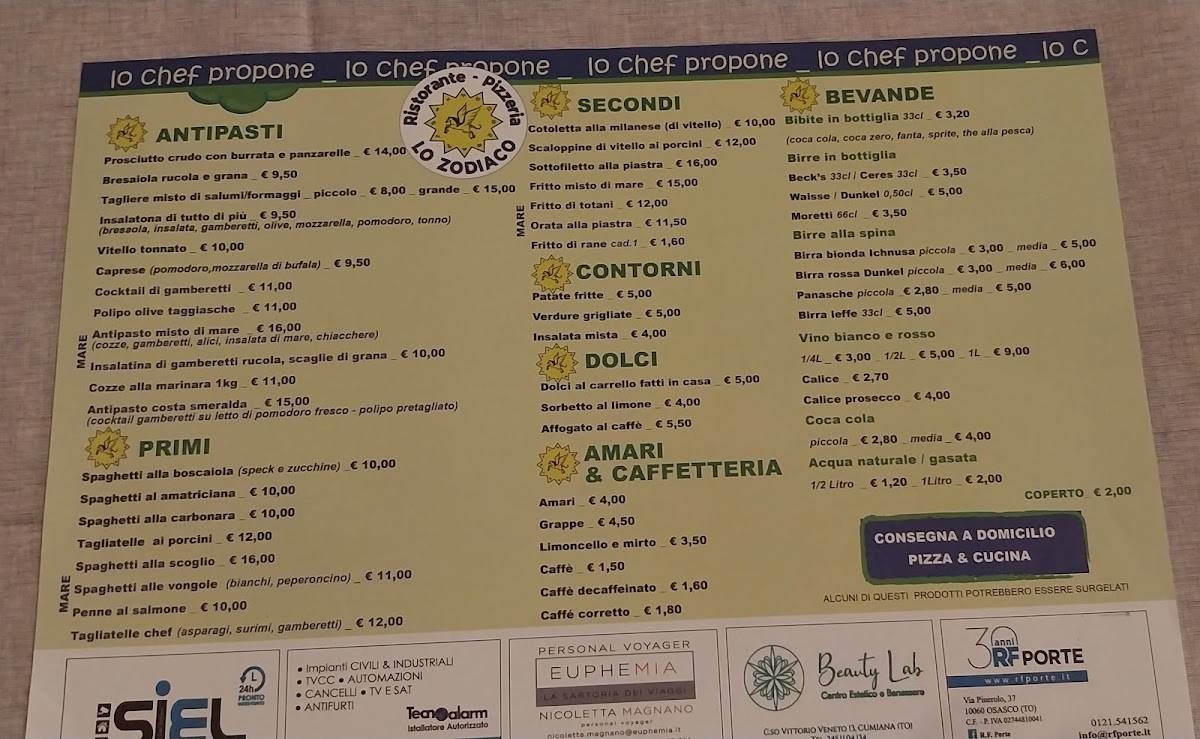 Menu da pizzeria ristorante Lo Zodiaco, Cumiana