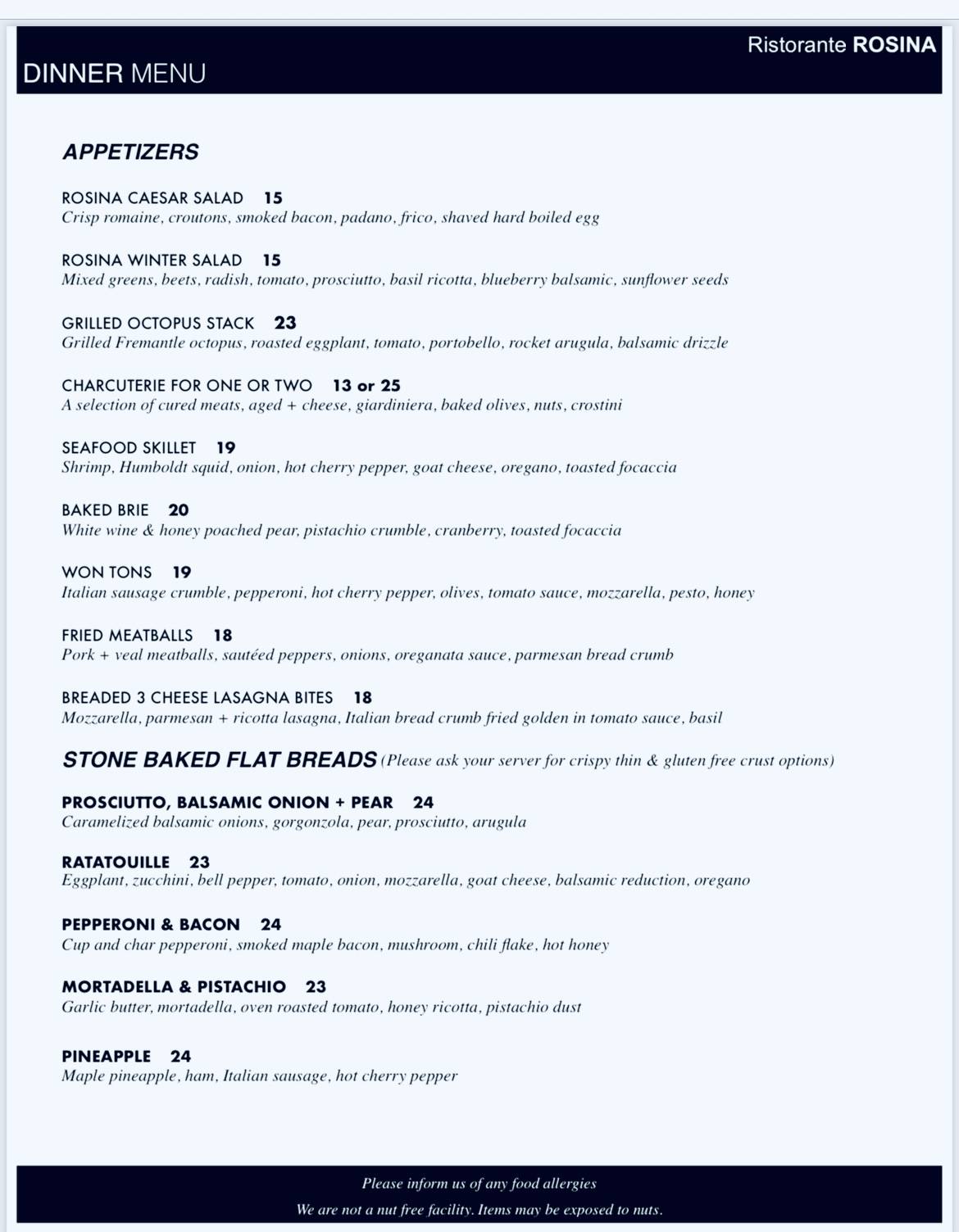 Menu at Ristorante Rosina restaurant, Saugeen Shores