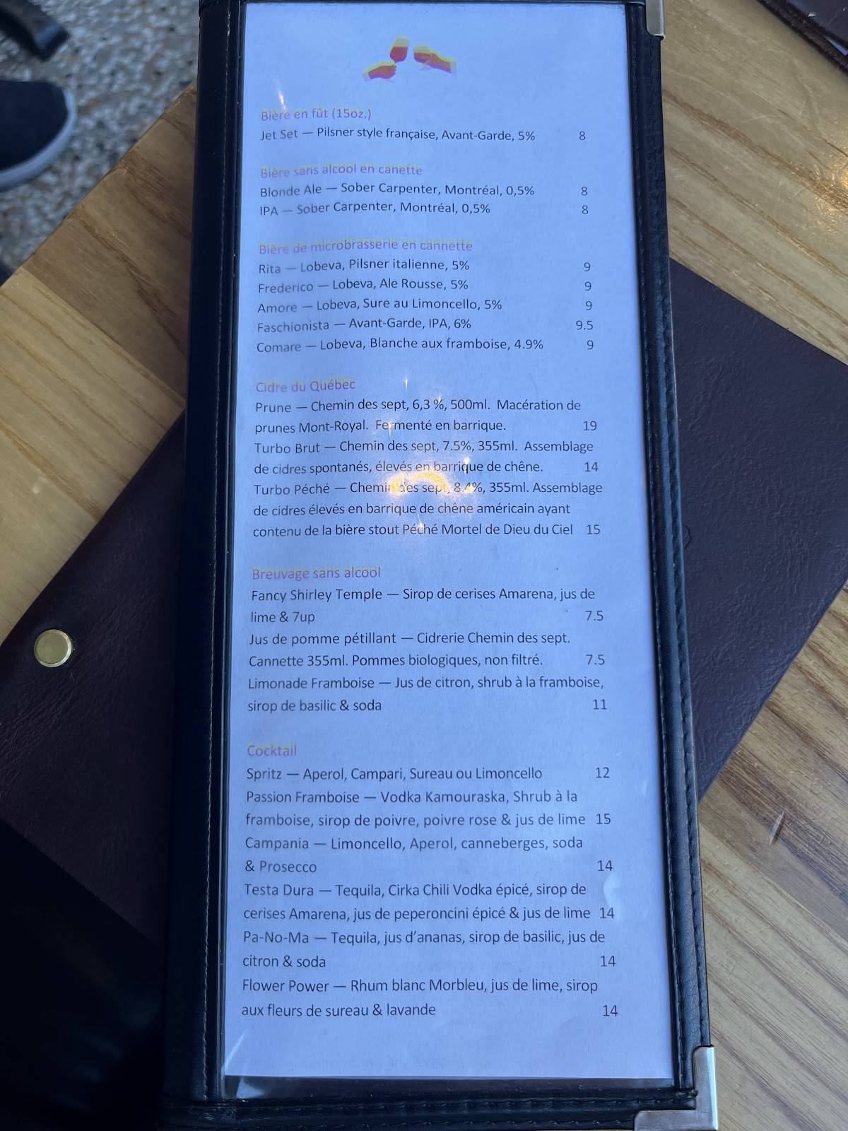 Menu at Rita restaurant, Montréal