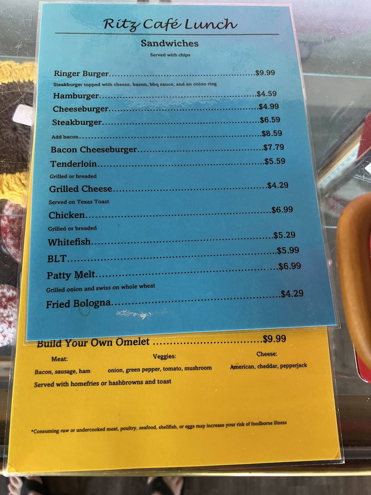 Menu at Ritz Cafe, Paoli