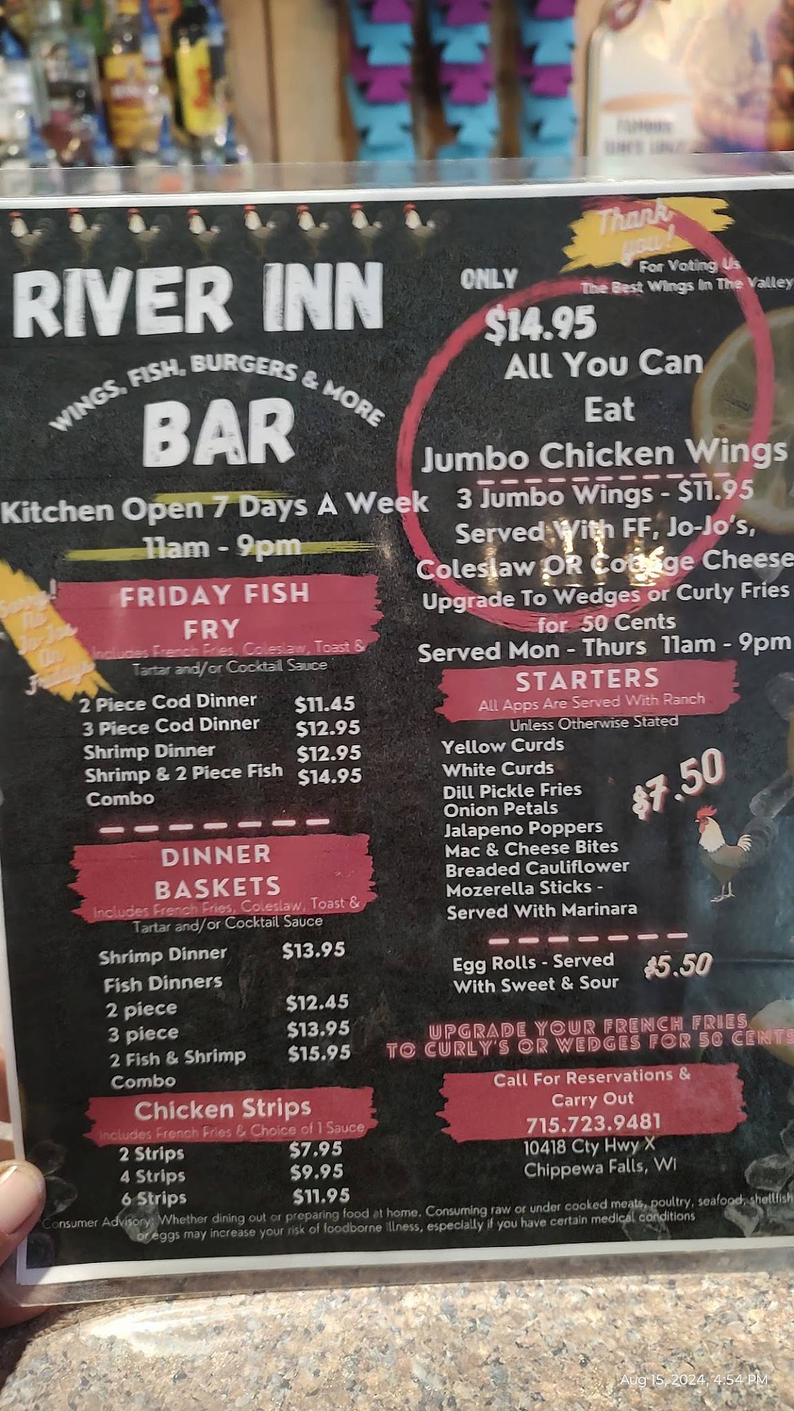 Menu at River Inn Bar, Chippewa Falls