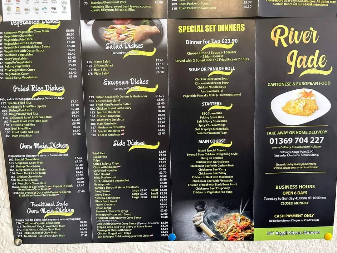 Menu at River Jade restaurant, Dunoon