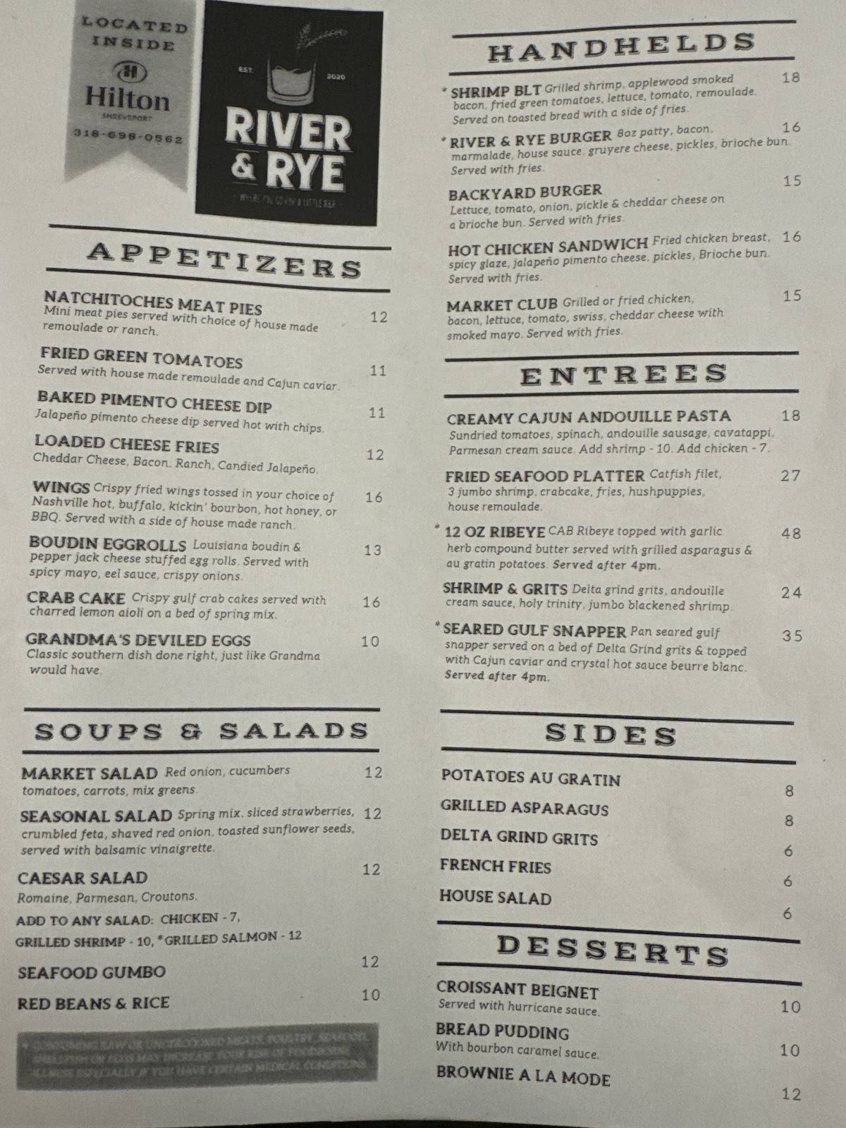 Menu at River & Rye pub & bar, Shreveport