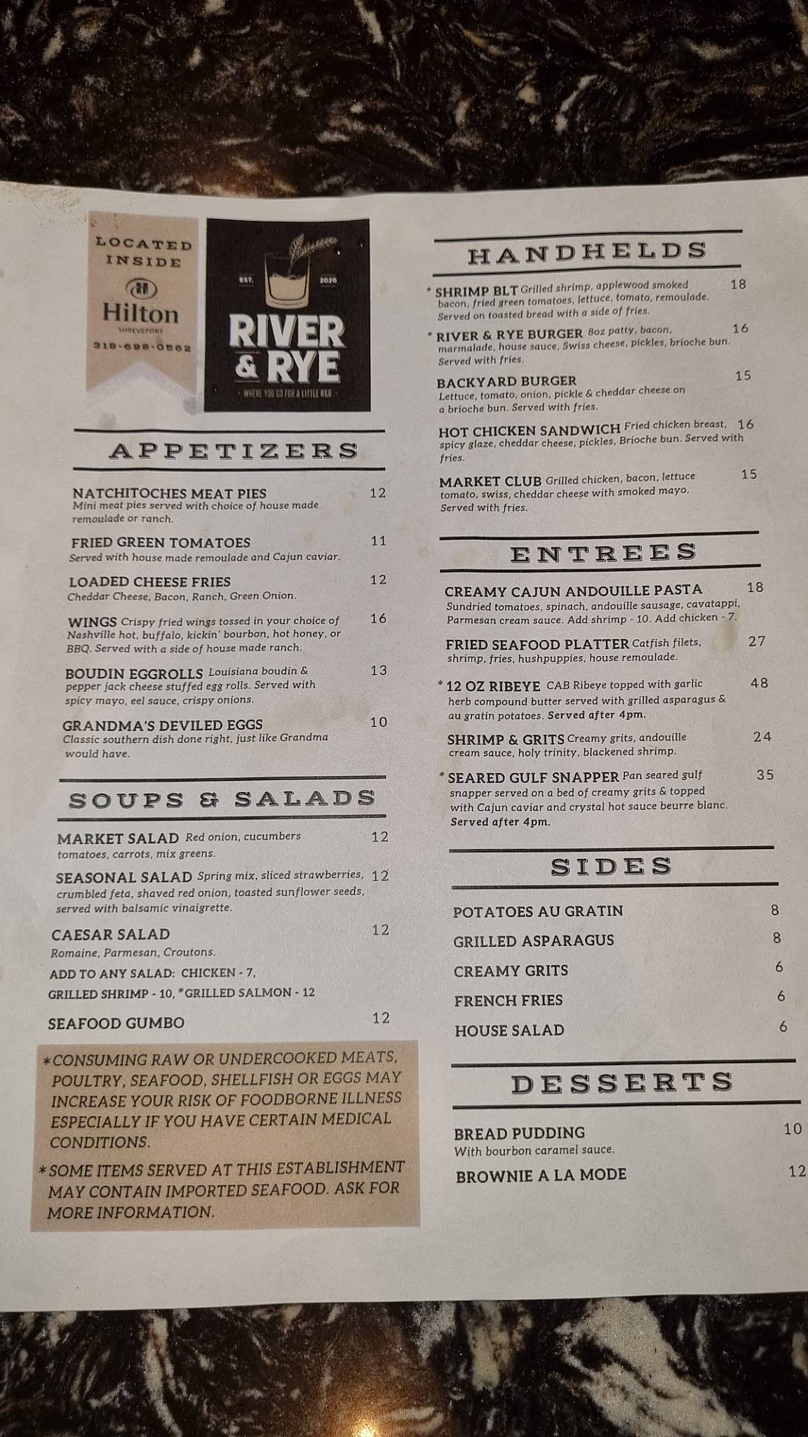 Menu at River & Rye pub & bar, Shreveport