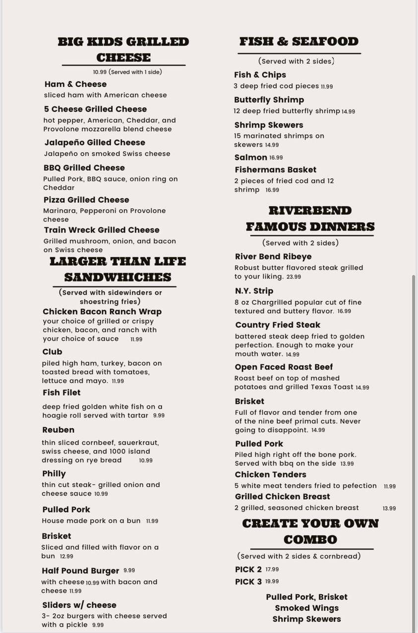 Menu at Riverbend Family Dining restaurant, Beverly