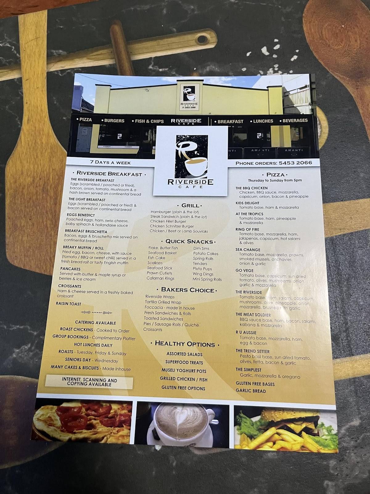 Menu at Riverside cafe and diner, Barham