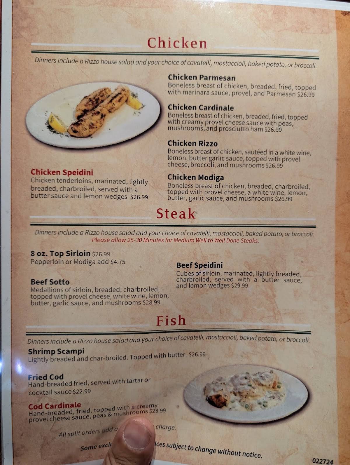 Menu at Rizzo's Italian Restaurant, St. Louis, Lemay Ferry Rd