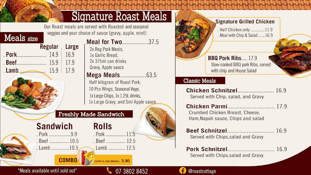 Menu at Roast Cottage restaurant, Australia