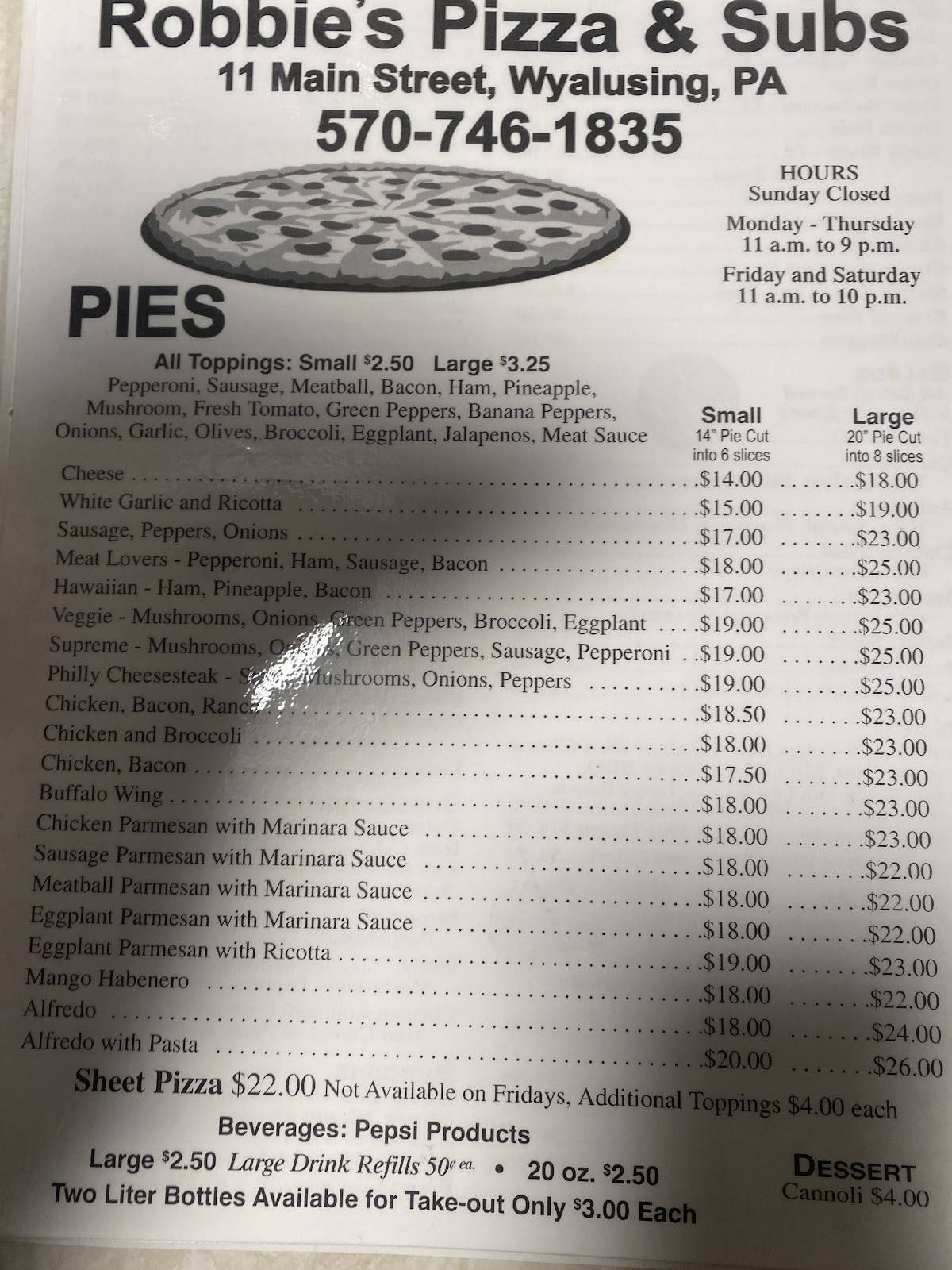 Menu at Robbie's Pizza and Subs pizzeria, Wyalusing