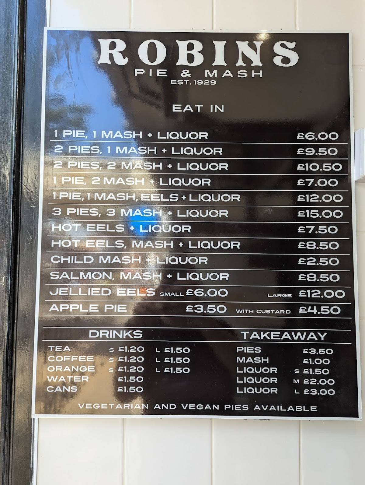 Menu at Robins Original Pie & Mash fast food, Romford, 40 South St