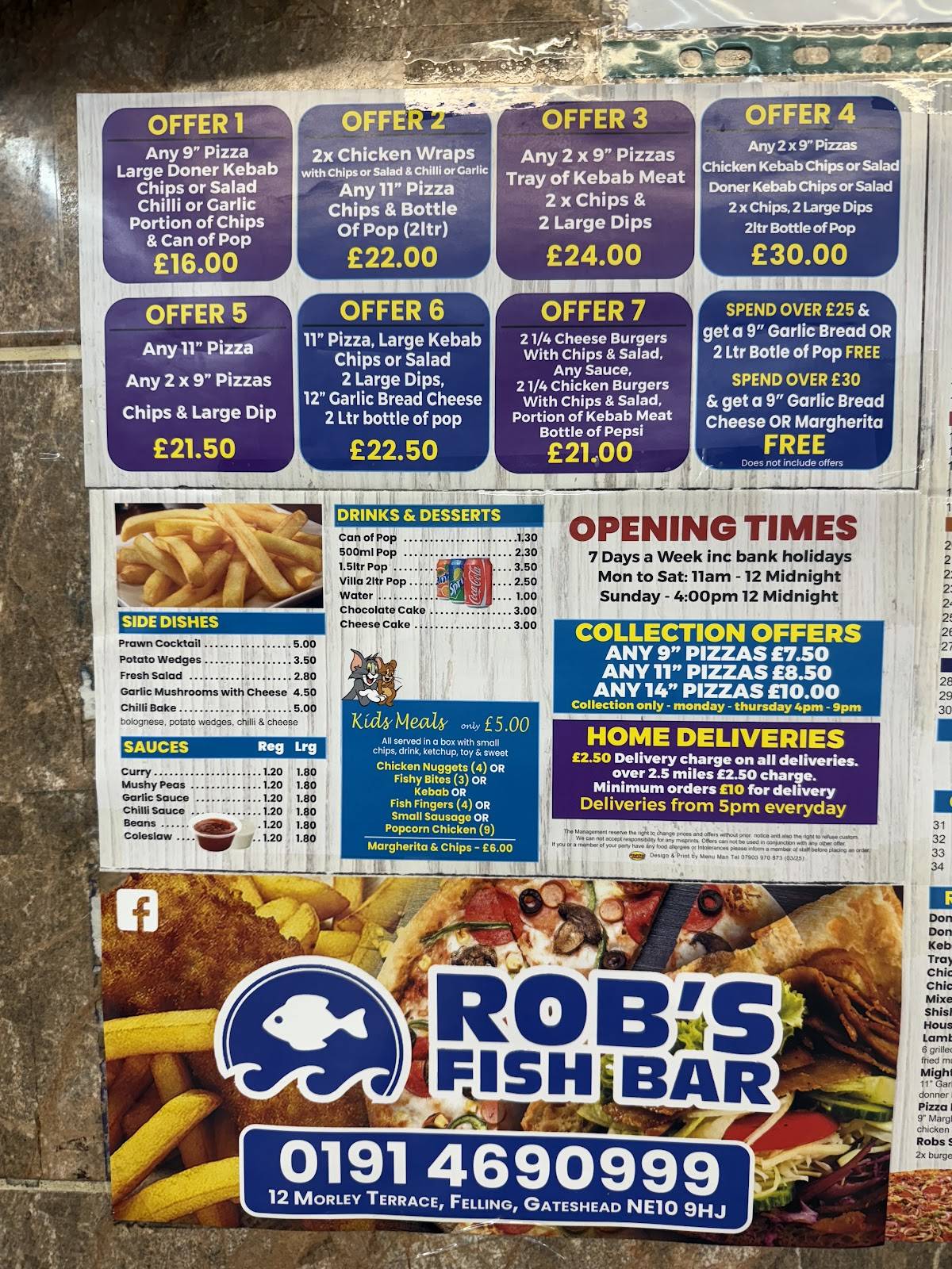 Menu at Rob's Fish Bar felling, Gateshead