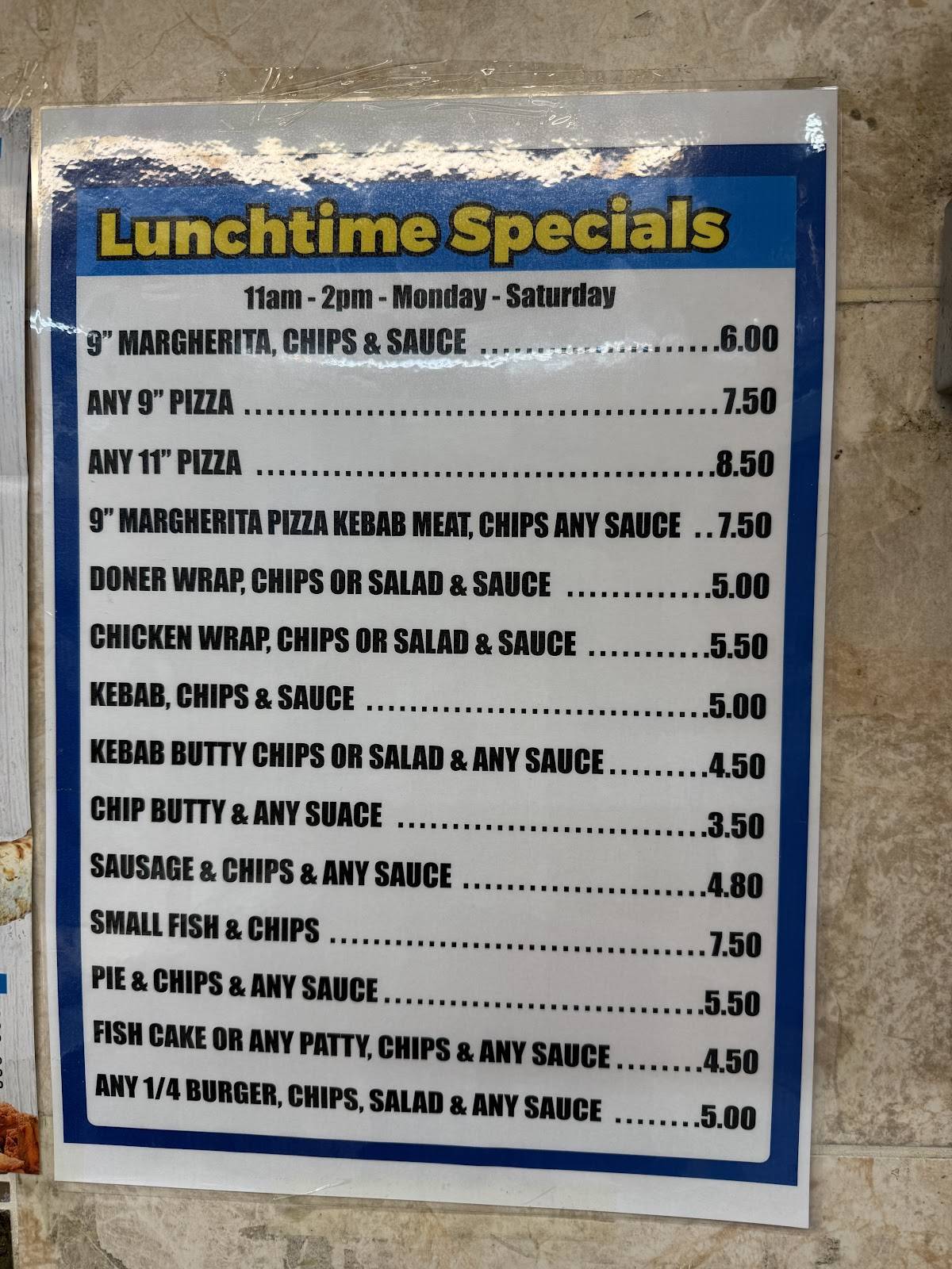 Menu at Rob's Fish Bar felling, Gateshead