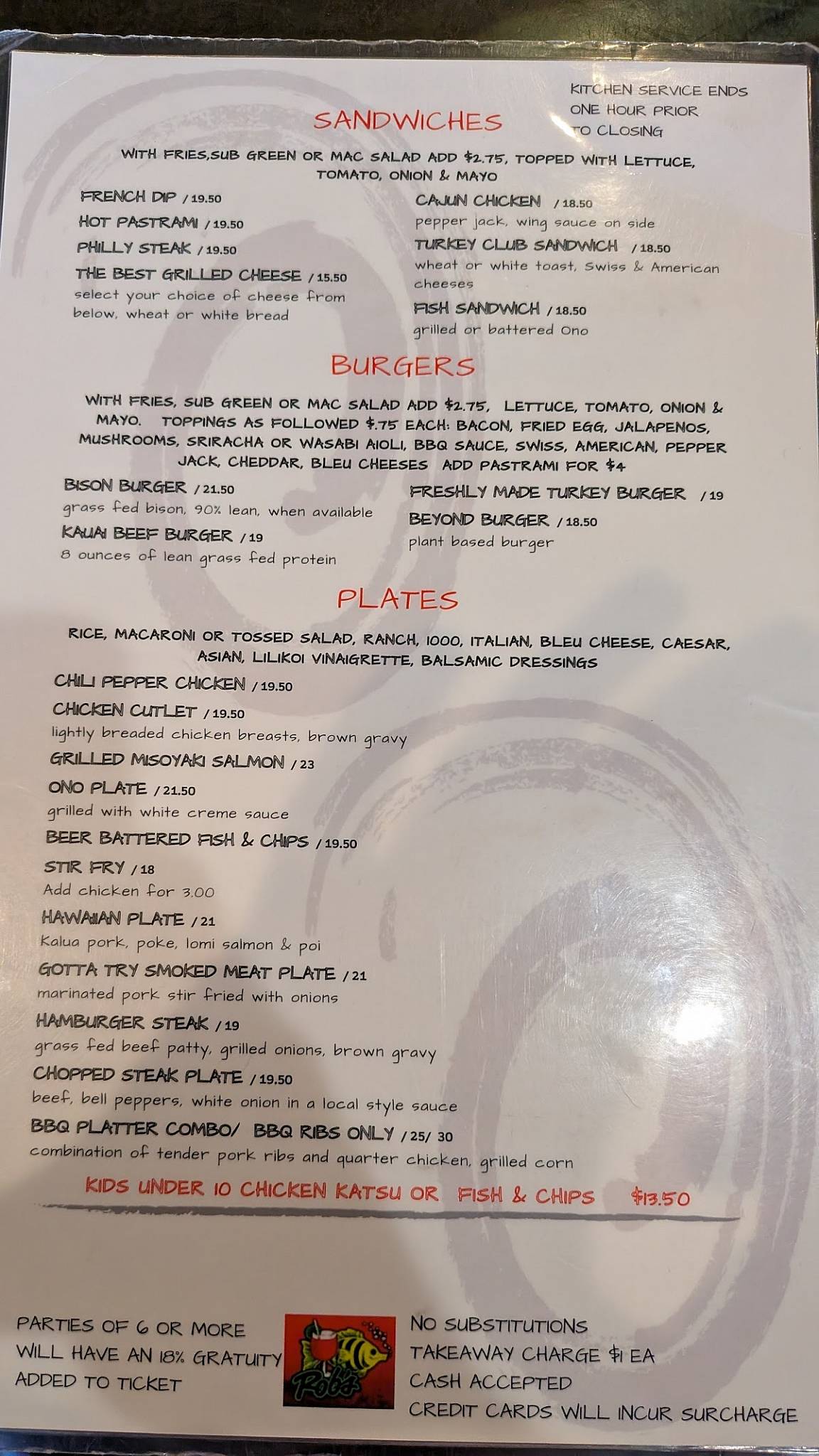 Menu at Rob's Good Times Grill pub & bar, Lihue