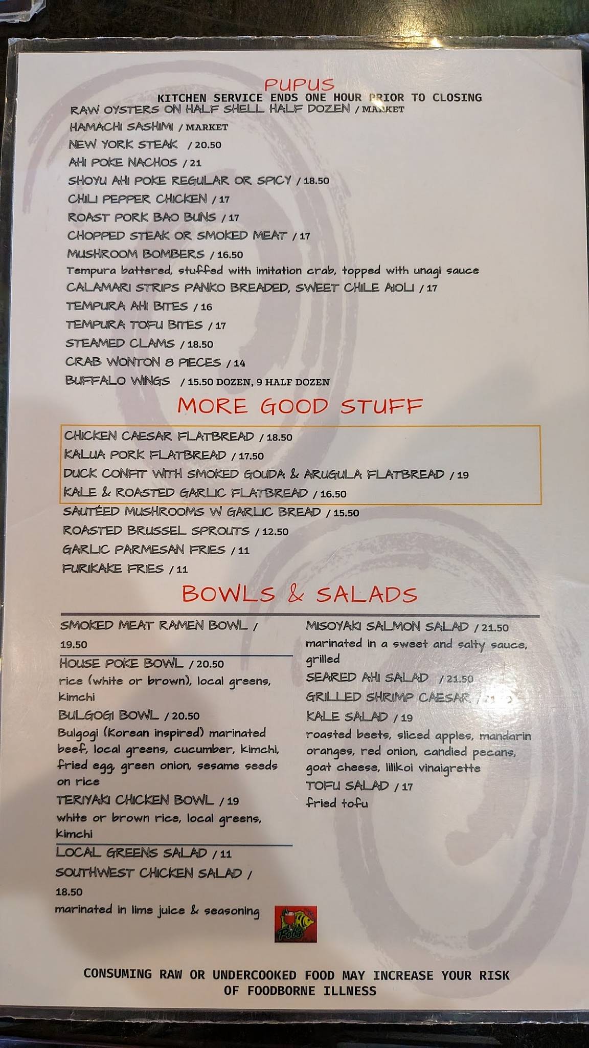 Menu at Rob's Good Times Grill pub & bar, Lihue