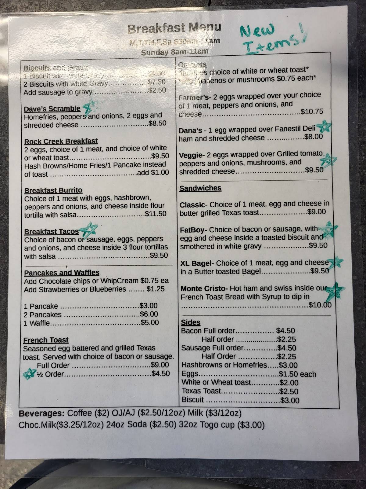 Menu at Rock Creek Cafe, Overbrook