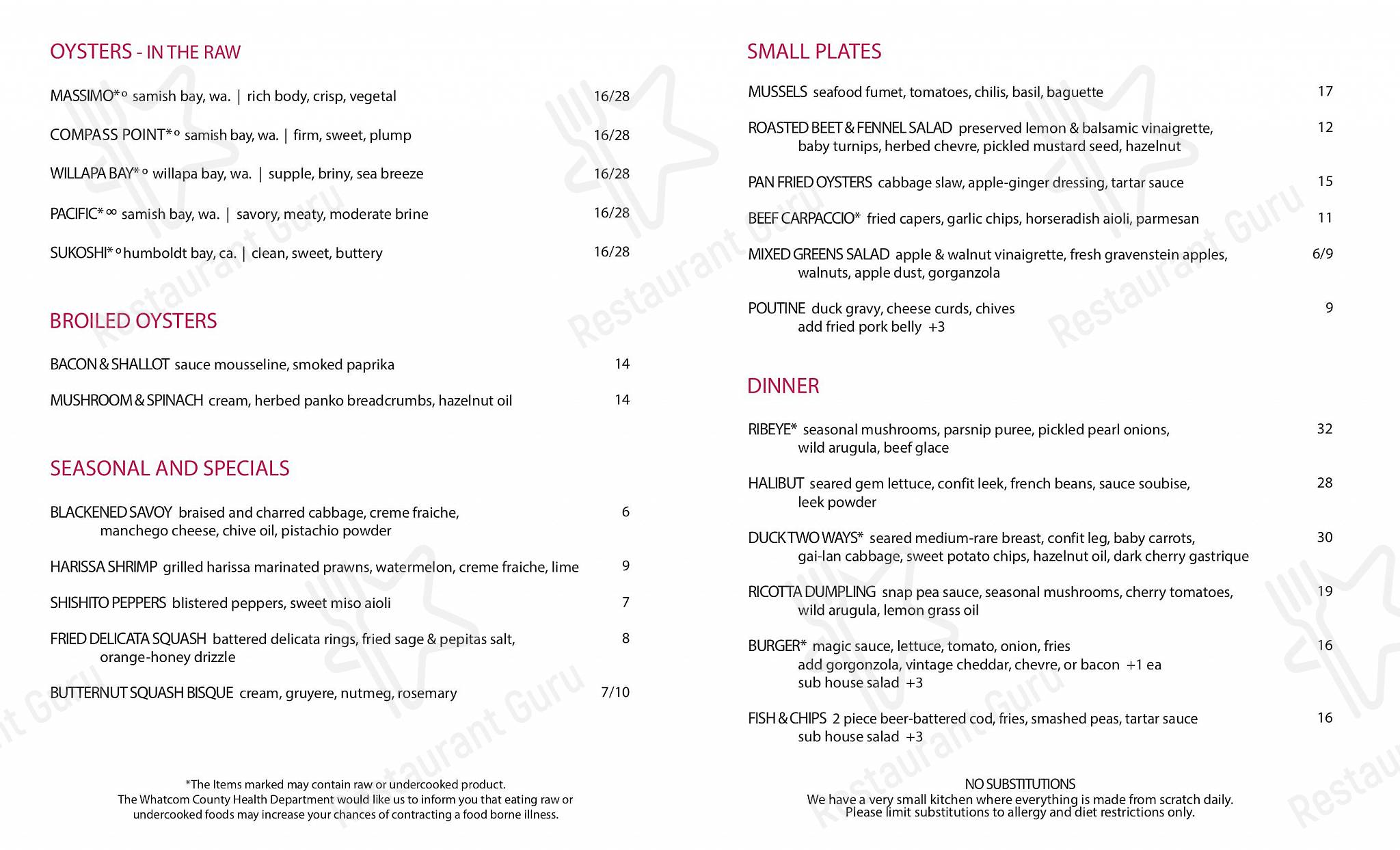 Menu at Rock and Rye Oyster House pub & bar, Bellingham