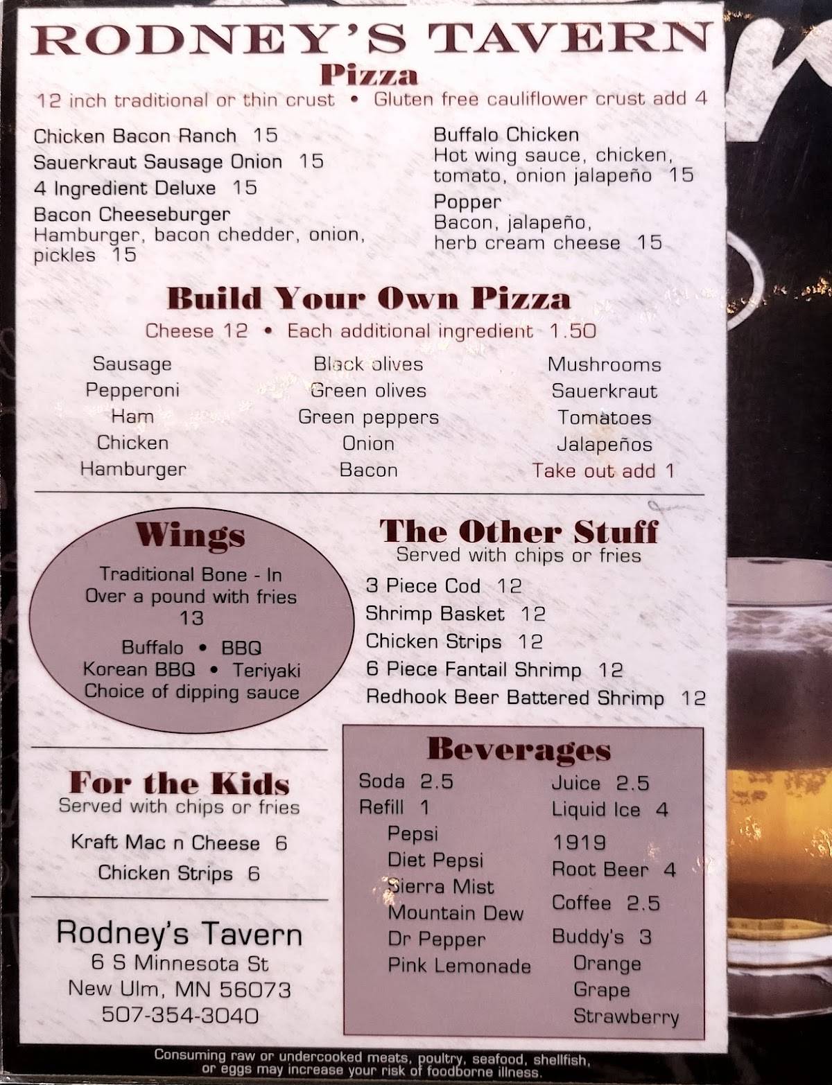 Menu at Rodney's Tavern pub & bar, New Ulm