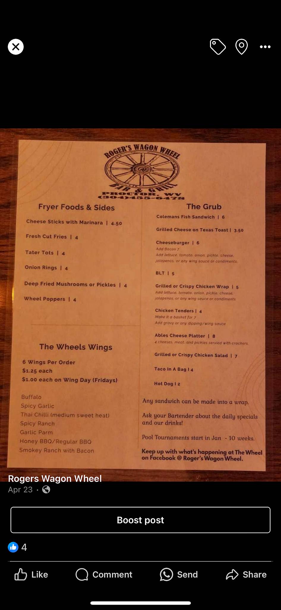 Menu at Roger’s Wagon Wheel pub & bar, Proctor