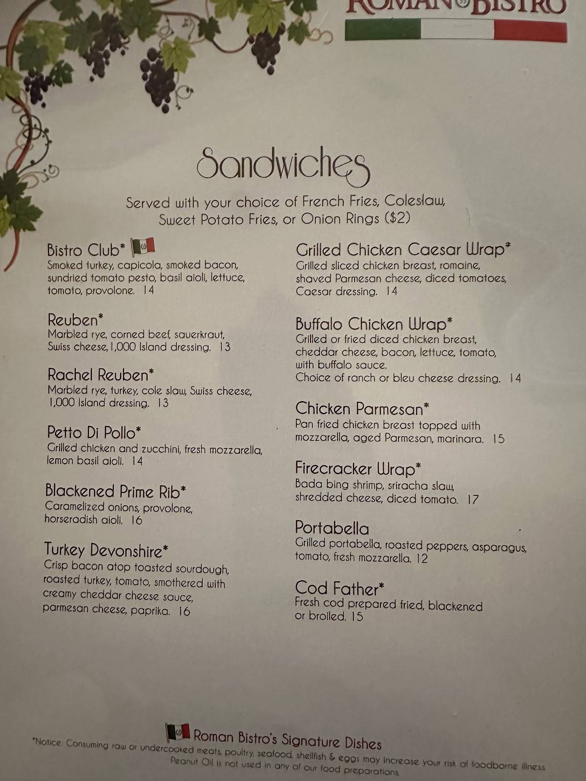 Menu at Roman Bistro pub & bar, Pittsburgh, Ardmore Blvd