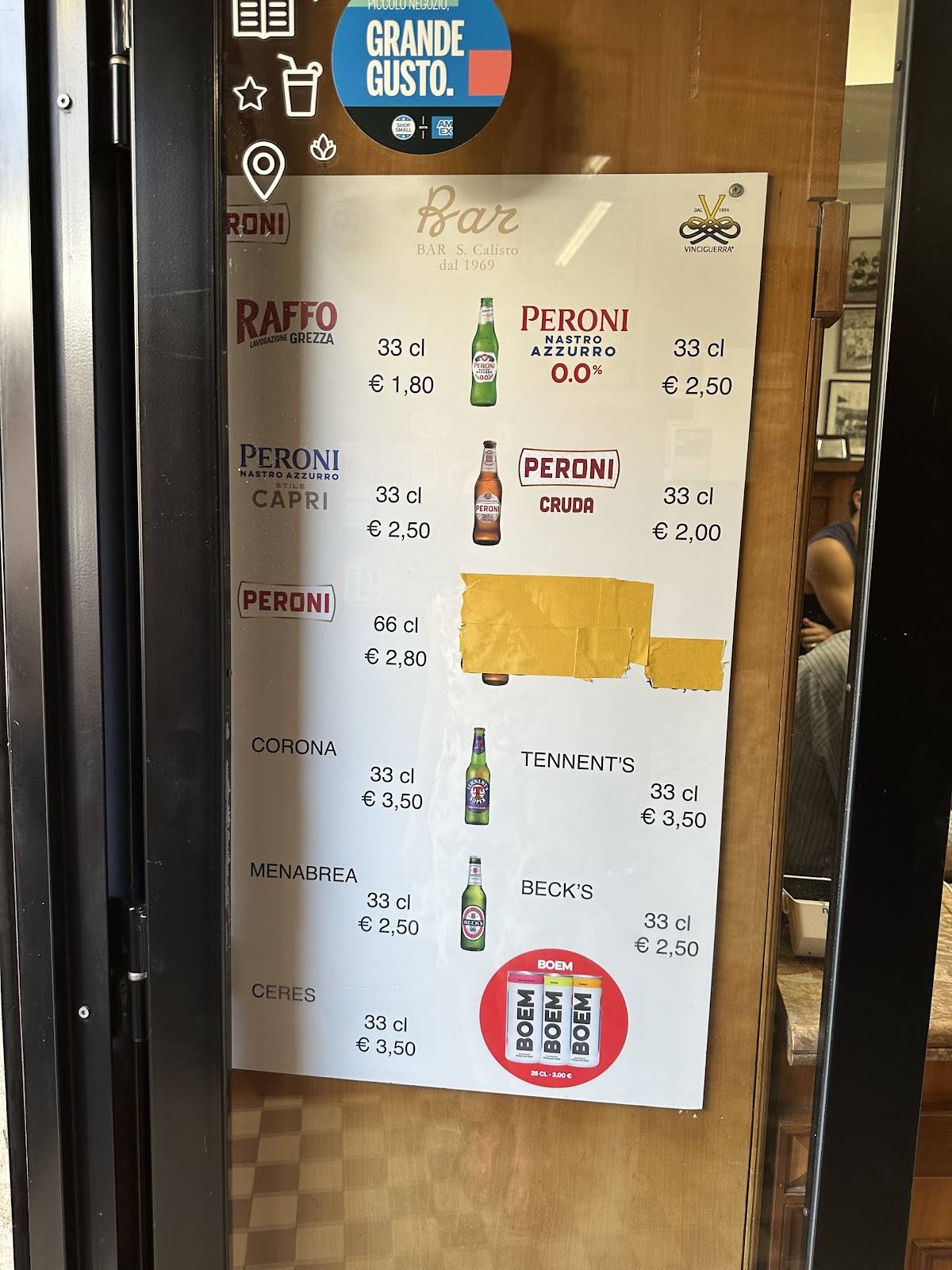Menu at Bar San Calisto Roma, Rome
