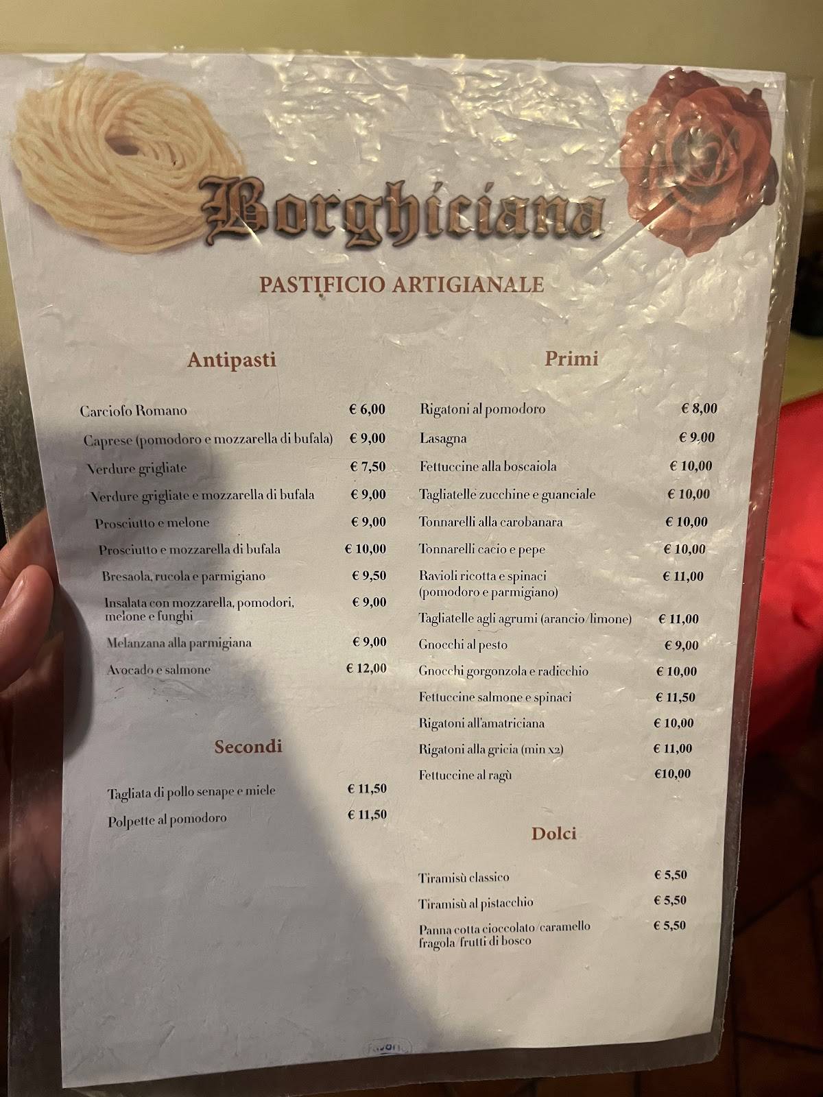 Menu at Borghiciana Pastificio Artigianale restaurant, Rome