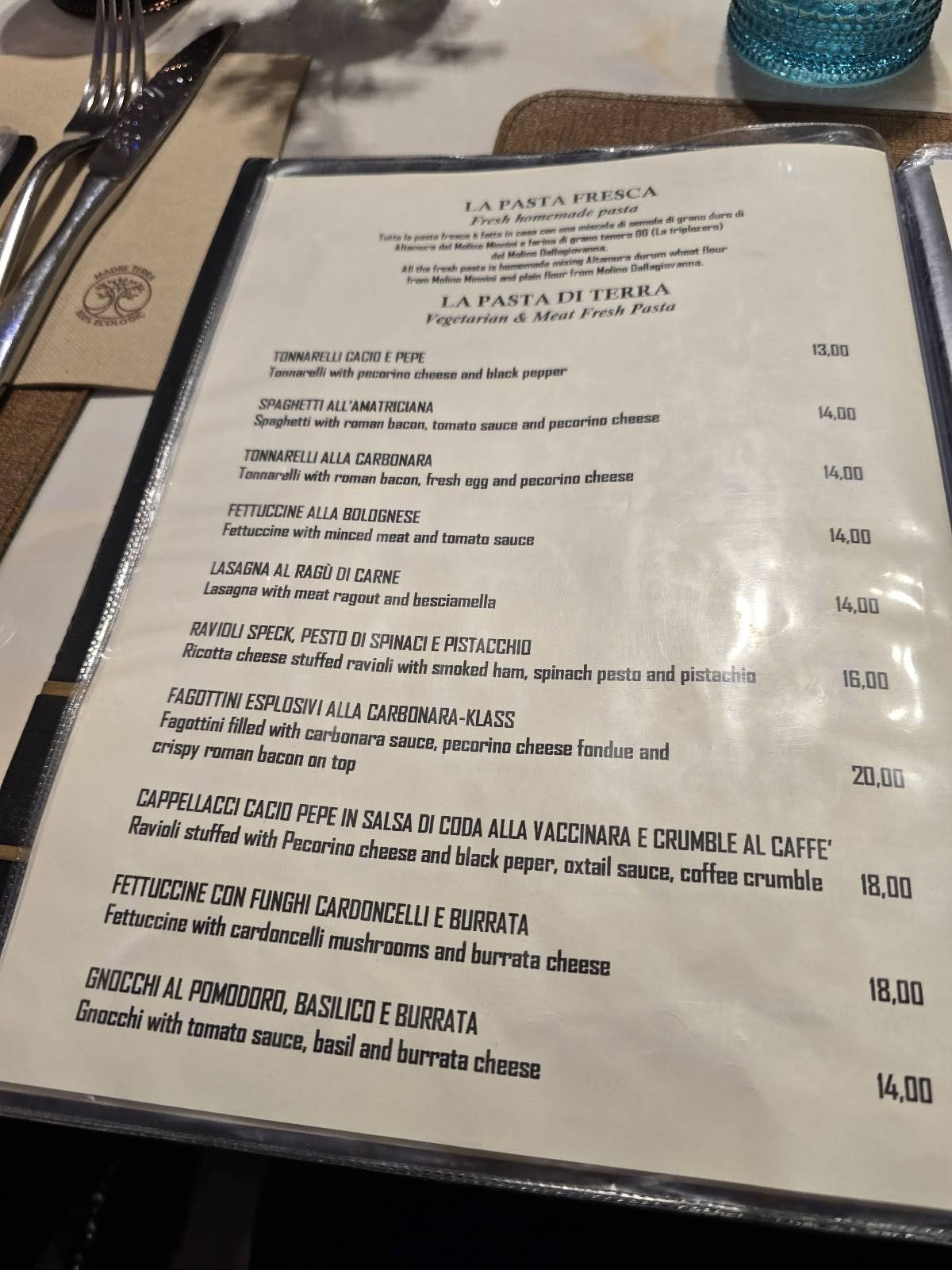 Menu at Klass Restaurant, Rome, Via in Arcione