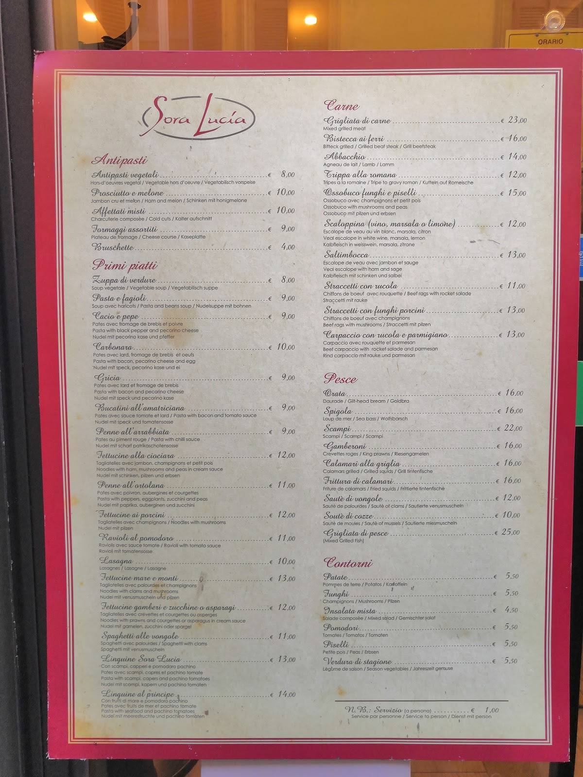 Menu at Sora Lucia restaurant, Rome