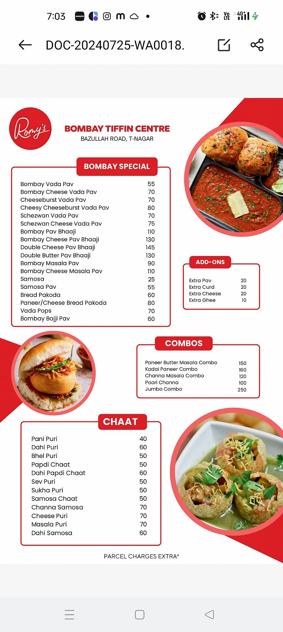 Menu at Romy's Bombay Tiffin Centre, Chennai