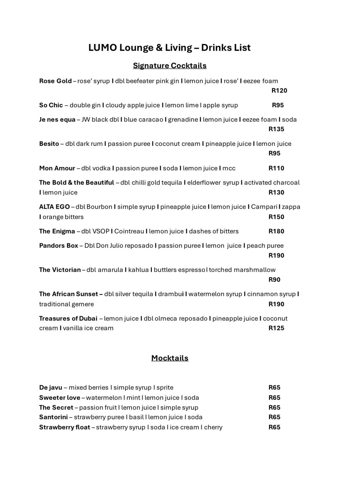 Menu at LUMO lounge&living RUIMSIG, Roodepoort