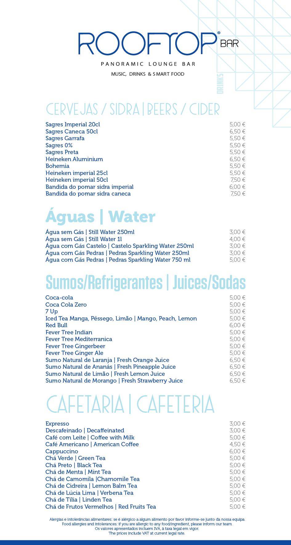 Menu at ROOFTOP Bar - Hotel Mundial, Lisbon