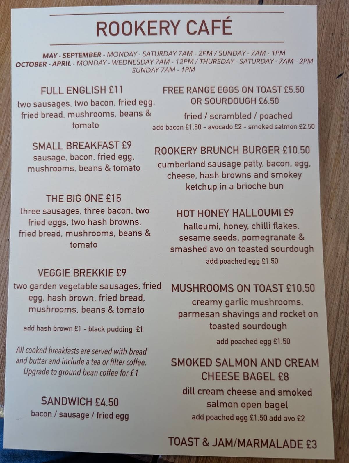 Menu at Rookery Cafe, Ramsey