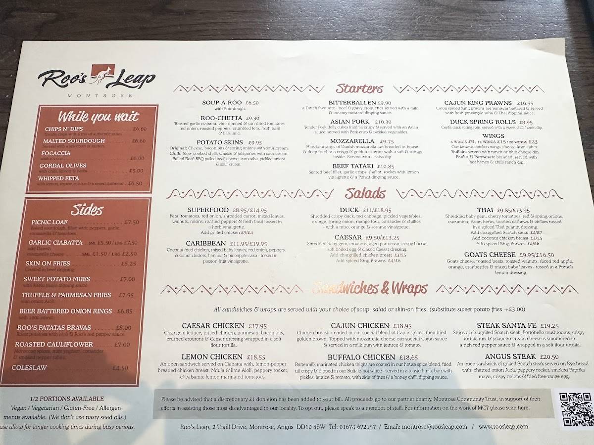 Menu at Roo's Leap montrose ltd. restaurant, Montrose