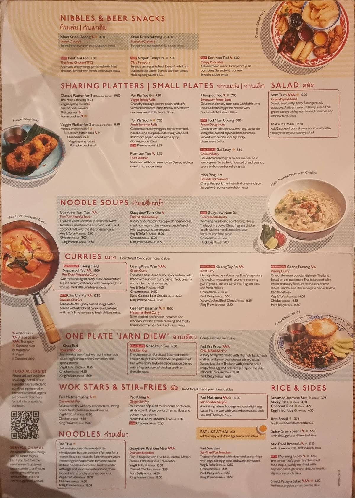 Menu at Rosa's Thai restaurant, London
