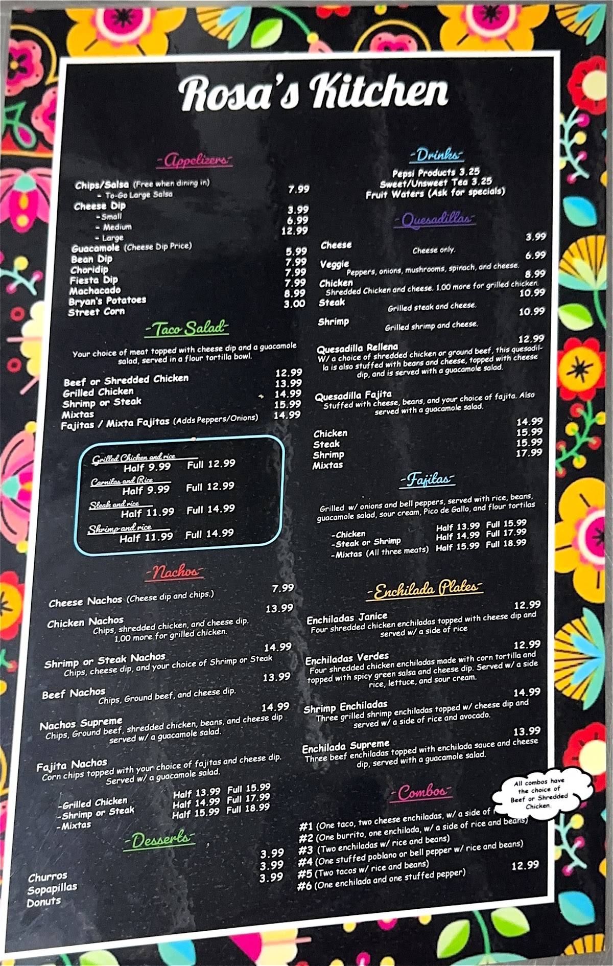 Menu at Rosa's kitchen restaurant, Skyline
