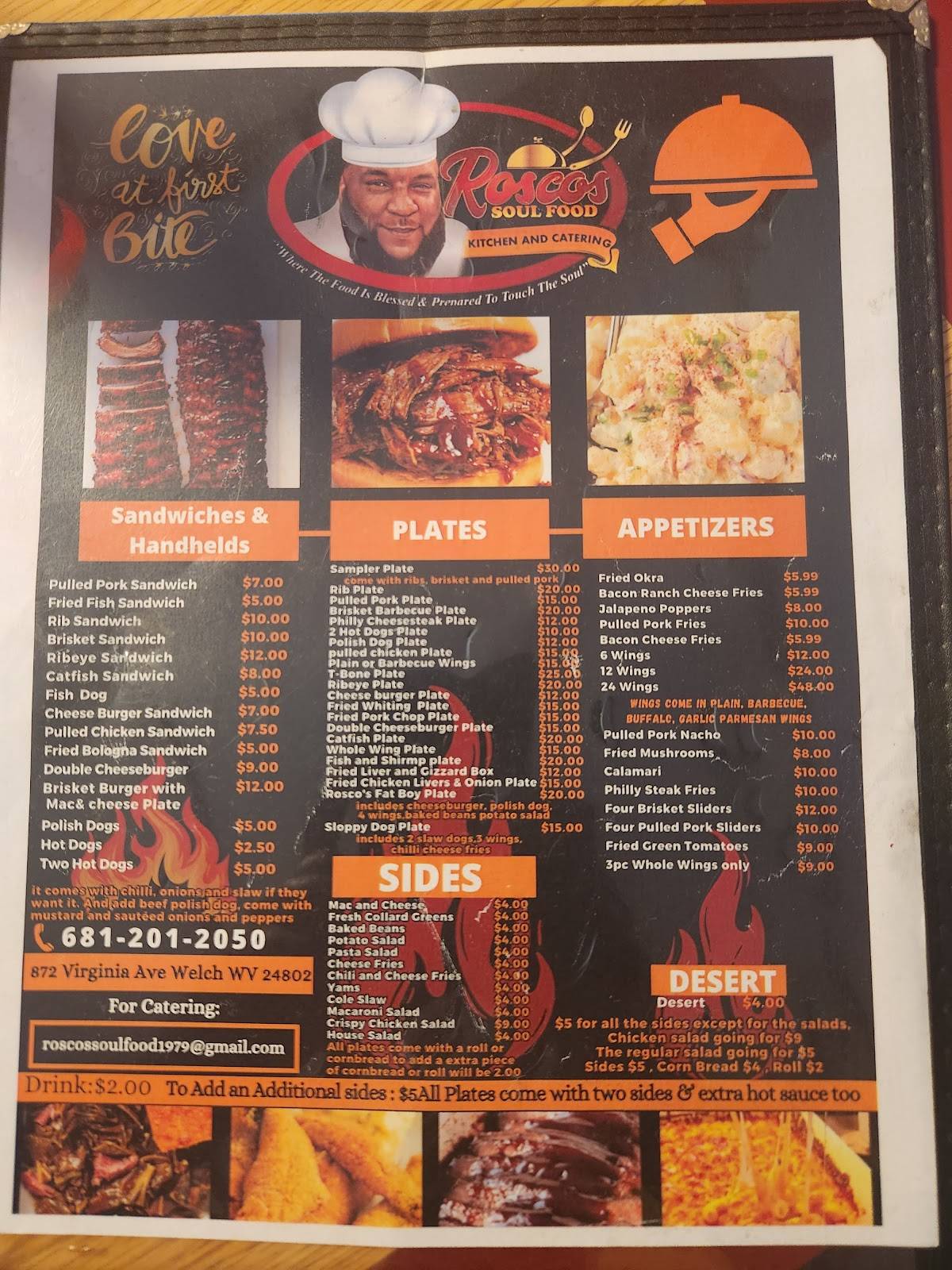 Menu at Rosco’s Soul Food restaurant, Welch