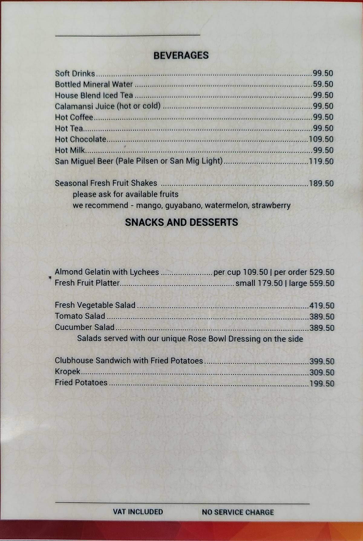 Menu at Rose Bowl Steakhouse and Restaurant, Baguio, 88 Gen. Luna Rd