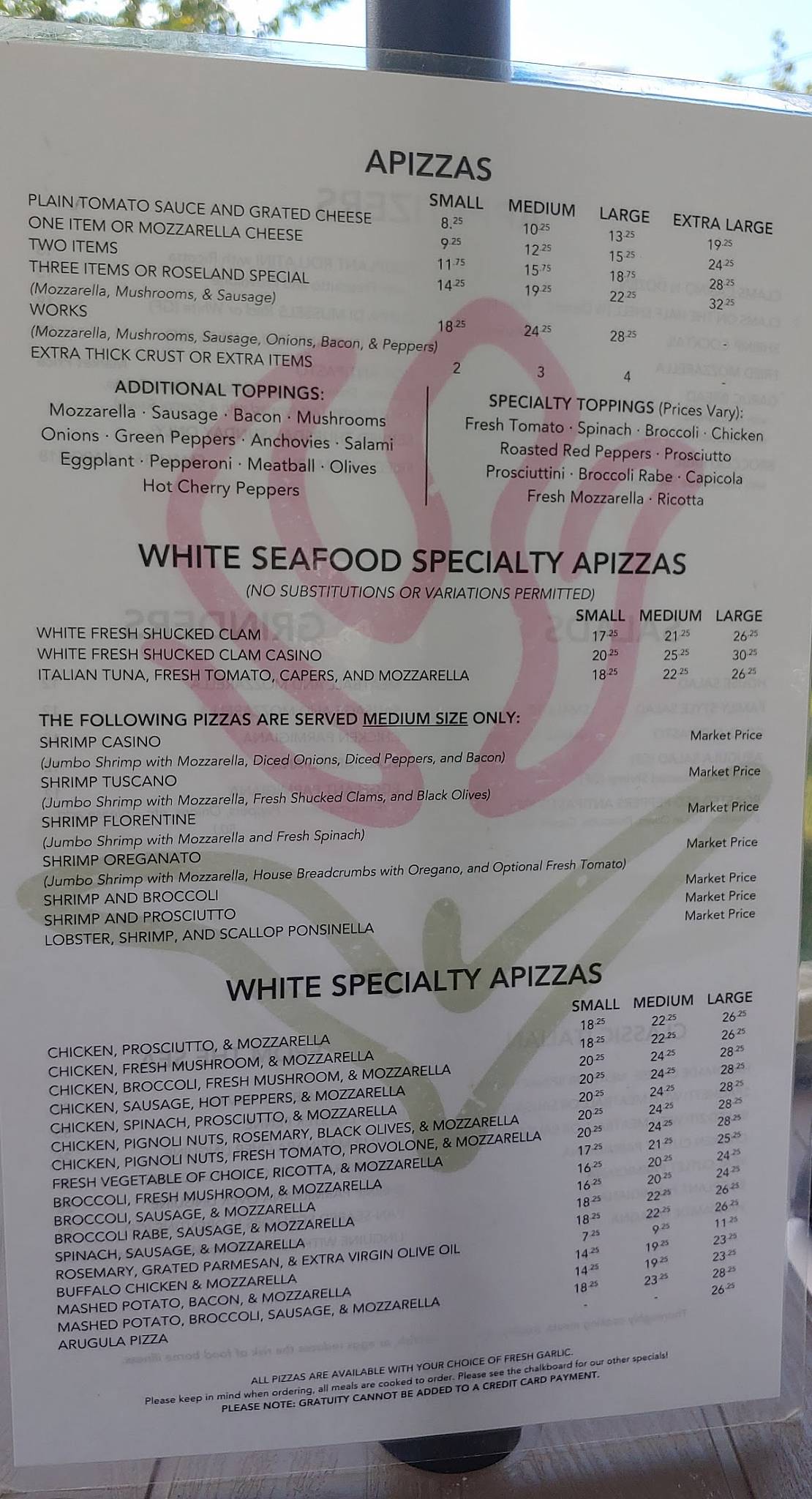Menu at Roseland Apizza pizzeria, Derby