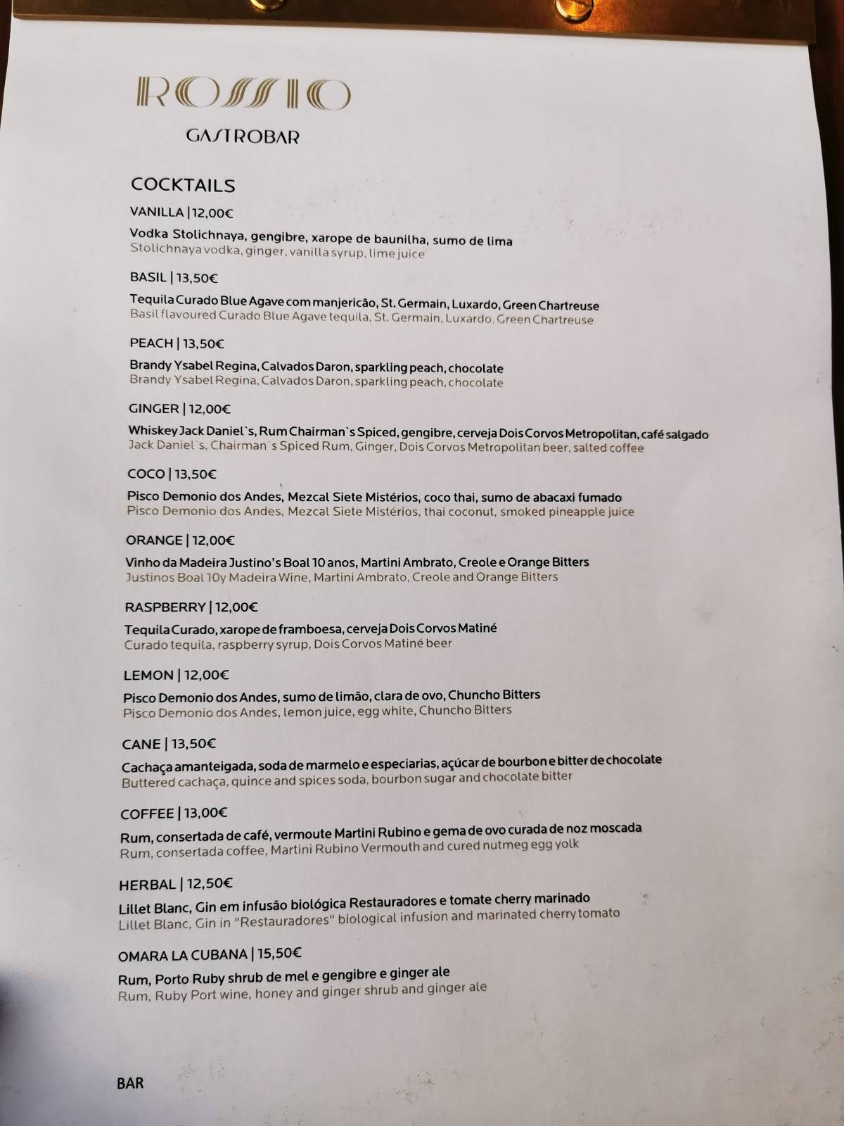 Menu at Rossio Gastrobar, Lisbon