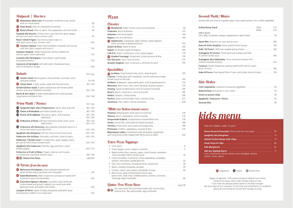 Speisekarte von Rossi's Italian Restaurant, Hermanus