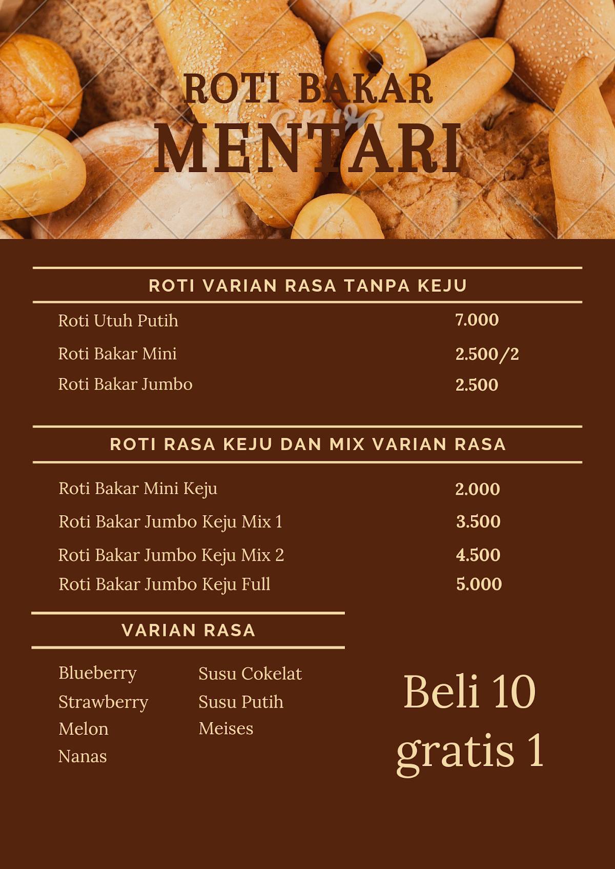 Menu at Roti Bakar Mentari Pasar Griya Samudera Asri cafe, Sidoarjo